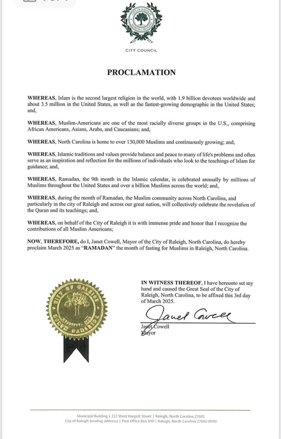 MAS PACE Raleigh Chapter Celebrates Ramadan 2025 NC Proclamations